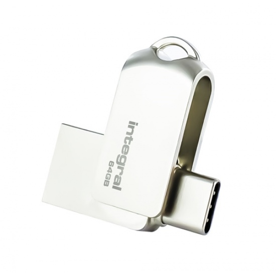 64GB Integral 360-C DUAL USB-C and USB-A 3.0 Flash Drive Capless Metal ...
