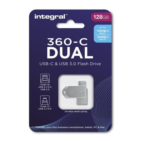 128GB Integral 360-C DUAL USB-C and USB-A 3.0 Flash Drive Capless Metal ...