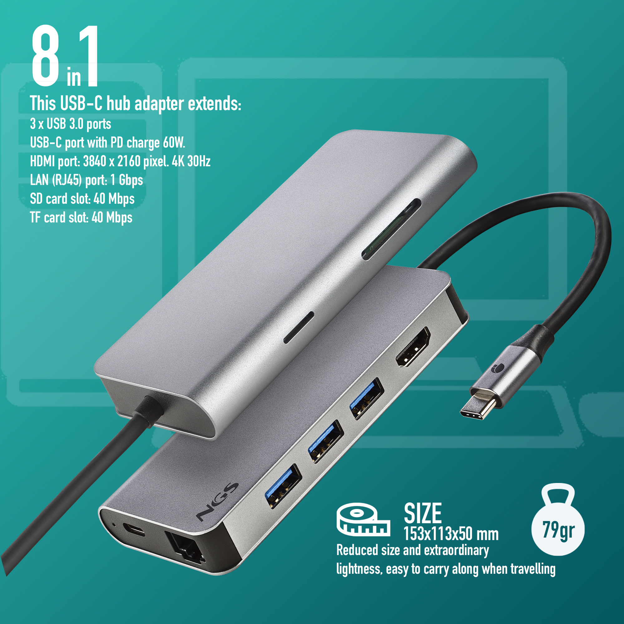 NGS 8 TO 1 USB-C Multiport Adapter, WONDERDOCK8