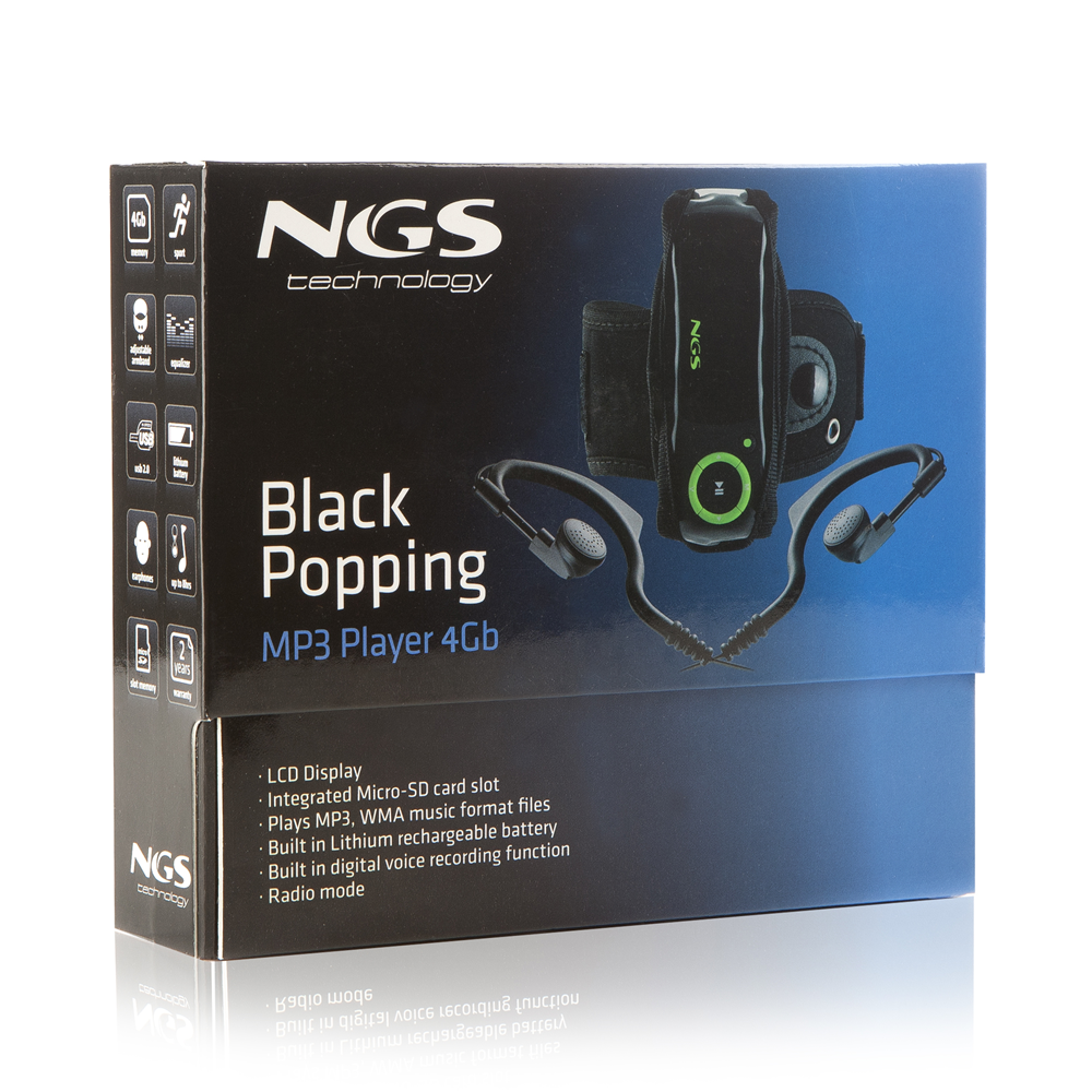 NGS Black Popping 4GB MP3 Player with FM Radio, SD Card Slot + Armband