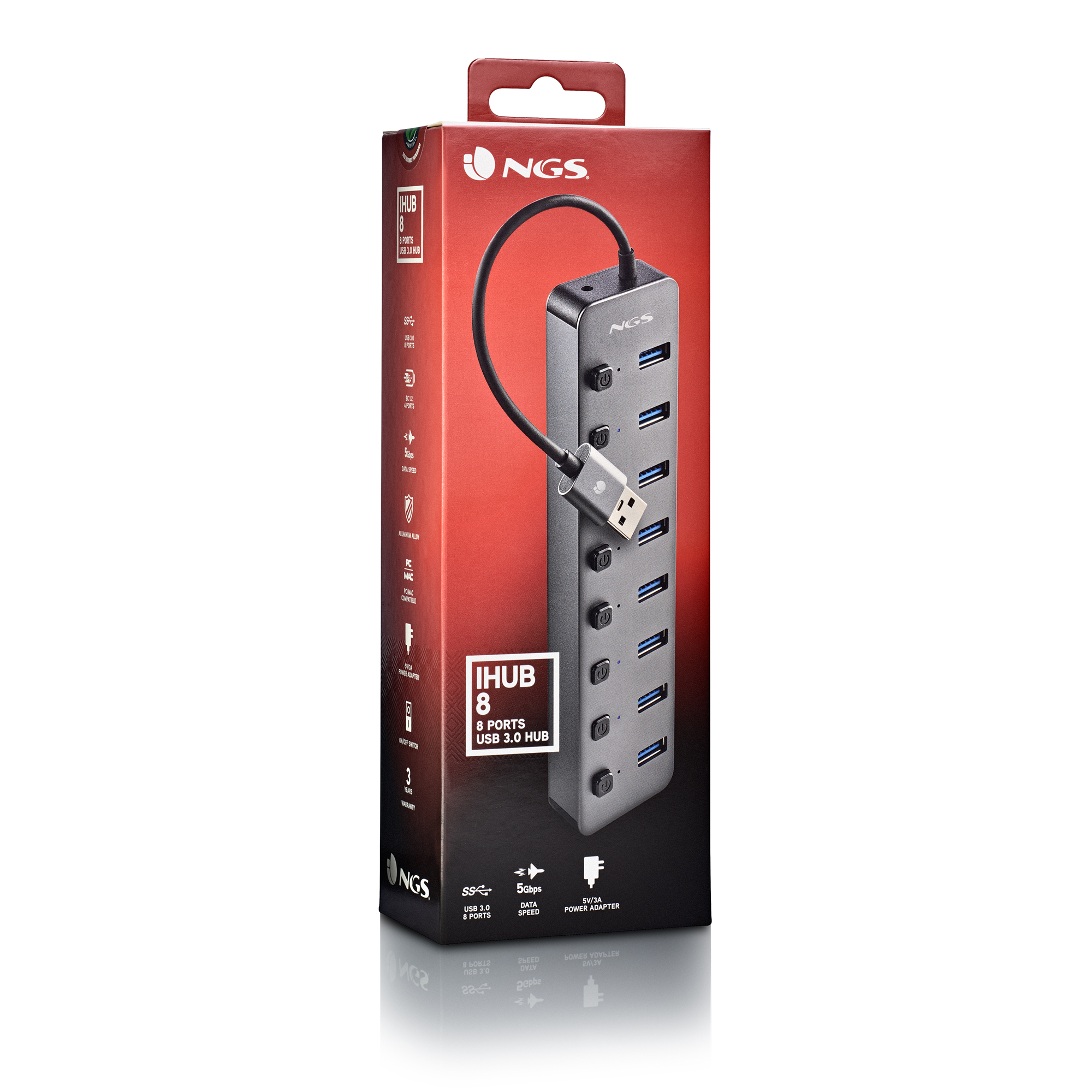 NGS IHUB8, 8 Ports USB 3.0 Hub with Power Adapter 5V/3A