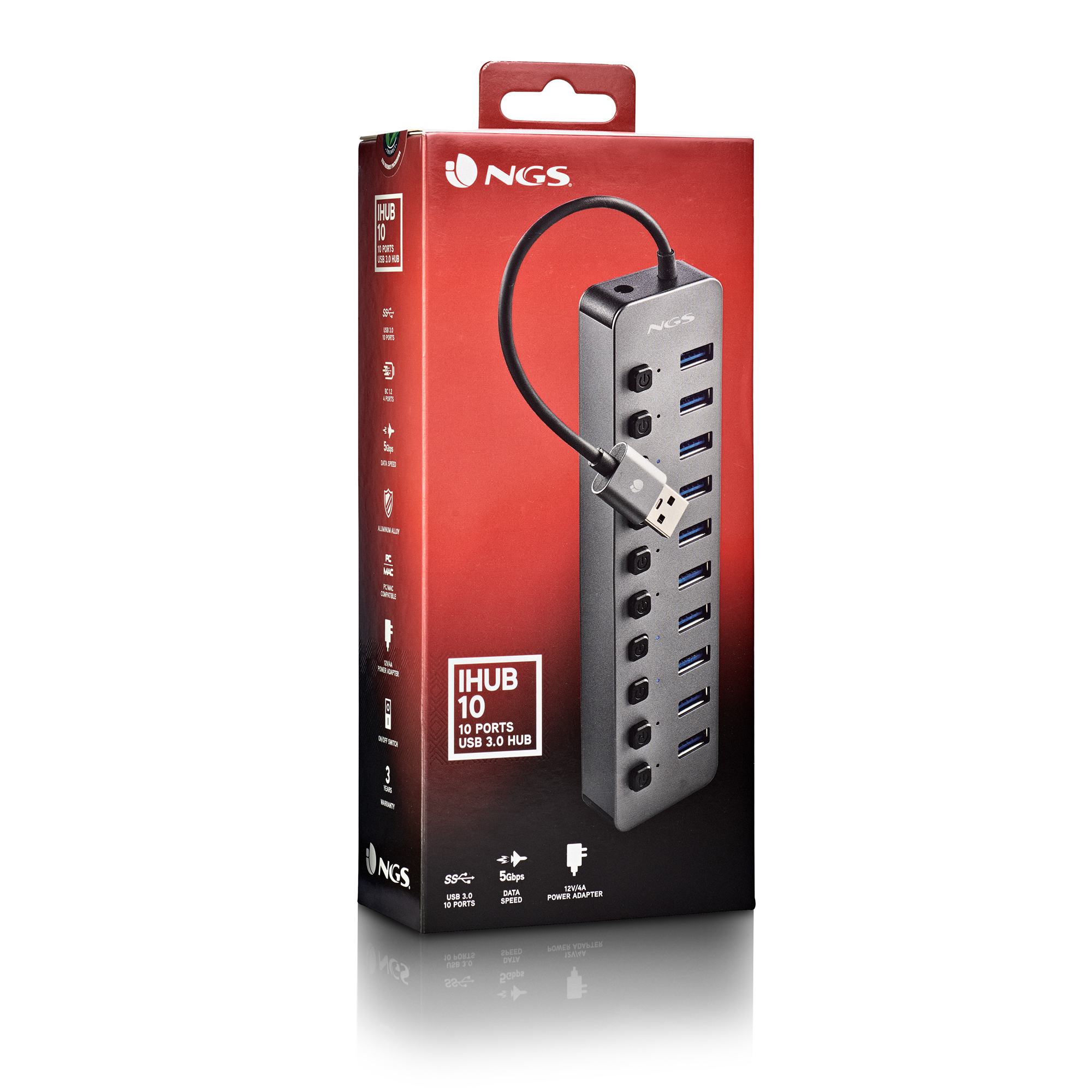 NGS IHUB10, 10 Ports USB 3.0 Hub with Power Adapter 5V/3A