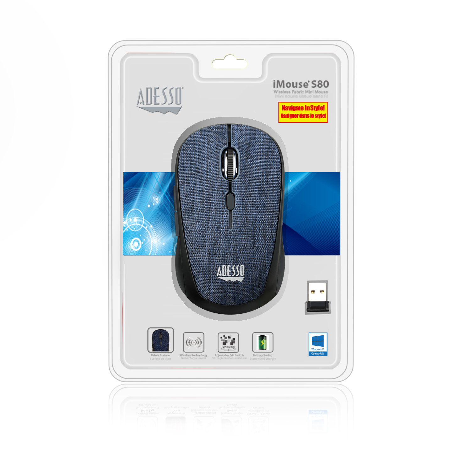 Adesso iMouse S80L Wireless Optical Fabric Mini Mouse - Blue