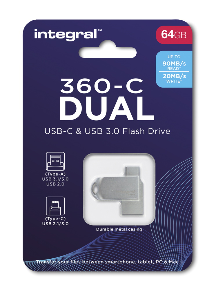 64GB Integral 360-C DUAL USB-C and USB-A 3.0 Flash Drive Capless Metal ...
