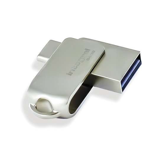 64GB Integral 360-C DUAL USB-C and USB-A 3.0 Flash Drive Capless Metal ...