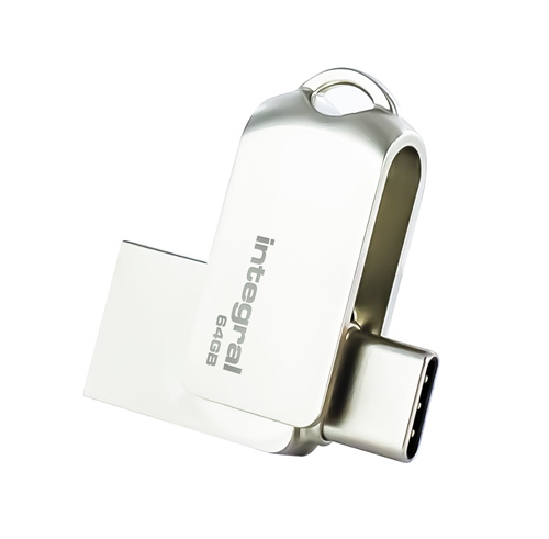 64GB Integral 360-C DUAL USB-C and USB-A 3.0 Flash Drive Capless Metal ...