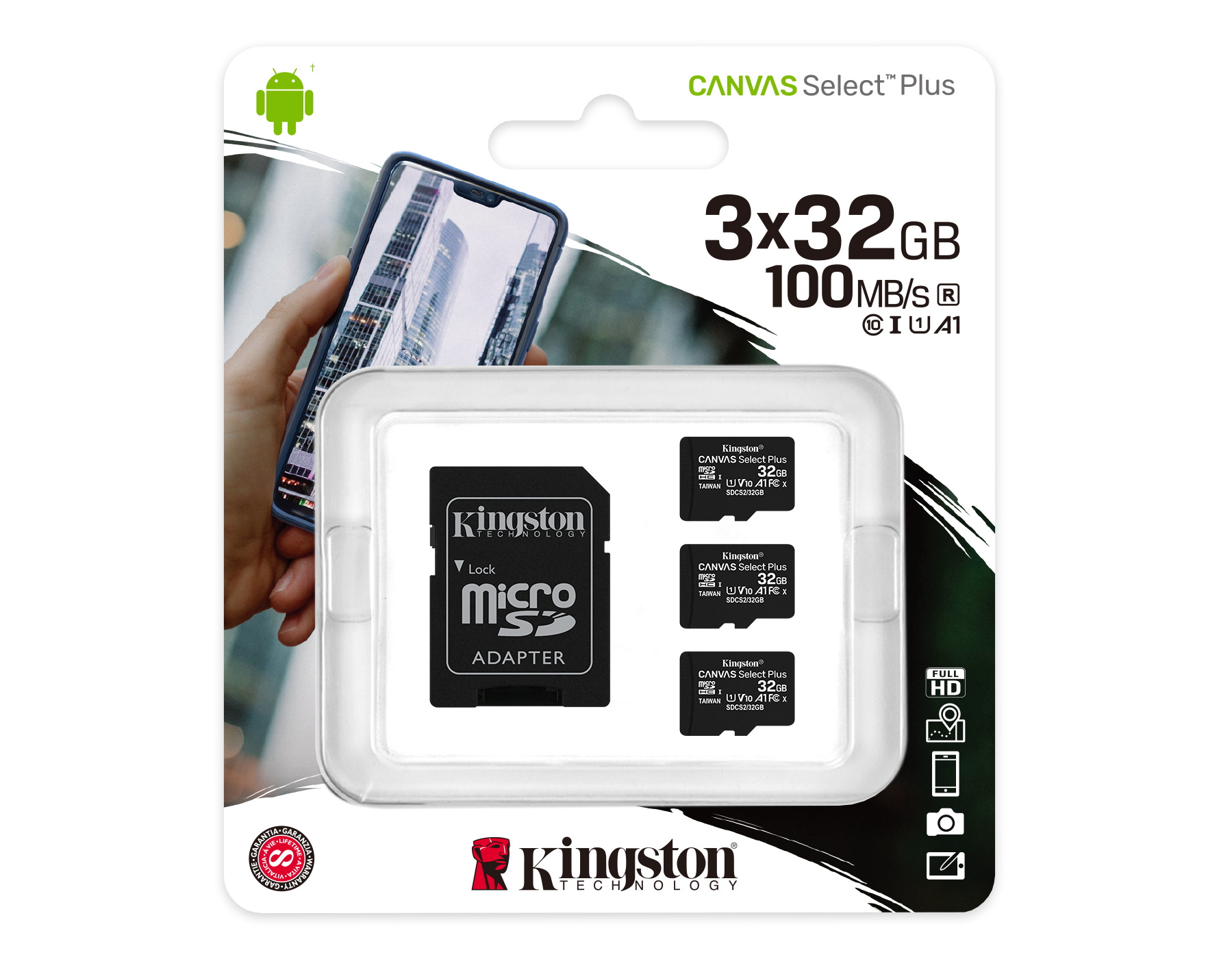 32GB Kingston Canvas Select Plus microSDHC CL10 UHS-1 U1 V10 A1 Memory Card w/Adapter - 3 Pack