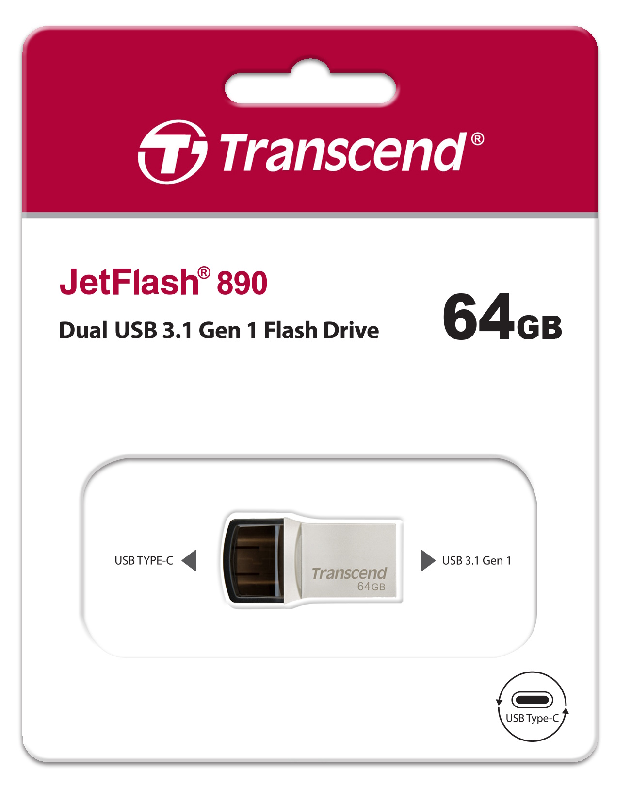 64GB Transcend JetFlash 890S OTG Flash Drive with USB3.1 and USB Type-C ...